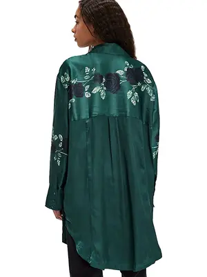 Free People Rose-Print Satin Button Down Emerald Combo