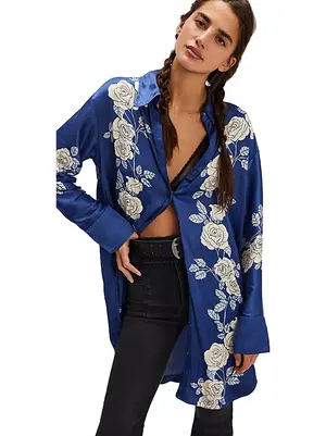 Free People Rose-Print Satin Button Down Night Sky Combo