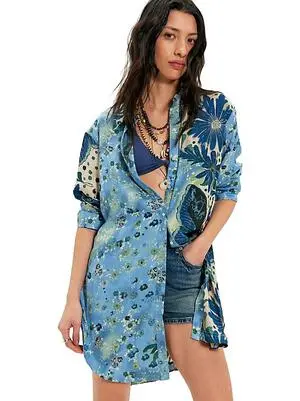 Free People Rose-print Satin Button Down - Spring Blue Butterfly Combo