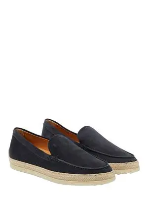 TOD'S Raffia-trimmed Suede Loafers - Blue