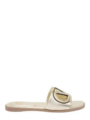Valentino Garavani Vlogo Metallic Flat Slide Sandals - Platino/antique Brass