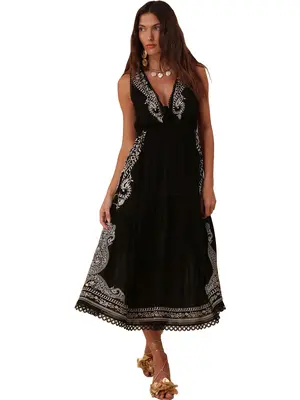 Hale Bob Amara Embroidered Midi Dress - Black