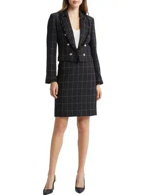 TAHARI ASL Plaid Fringe Jacket & Skirt - Black/ivory