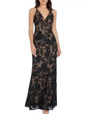 Dress The Population Sharon Floral Sequin Gown - Black Multi