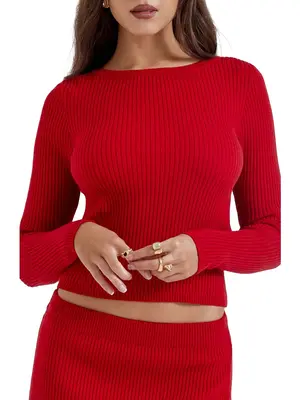 House Of Cb Sula Bow Back Rib Sweater - Blood Red