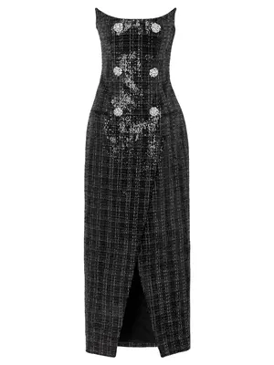Balmain Strapless Embellished Sequined Tweed Gown - Black