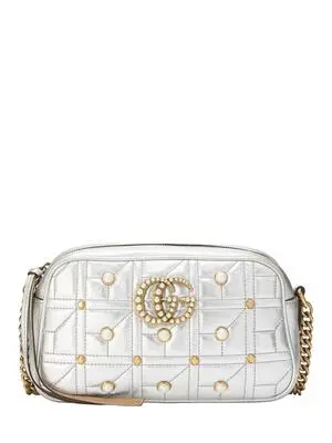 Gucci Leather & Faux Pearl Gg Marmont Crossbody - Silver