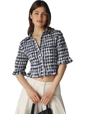 Maeve Smocked Button-front Top - Blue Pattern