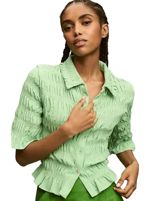 Maeve Smocked Button-Front Top Green