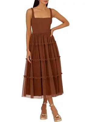 Adrianna Papell Mesh Overlay Tiered Midi Dress - Timber