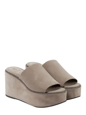 Brunello Cucinelli Suede Platform Slides - Beige
