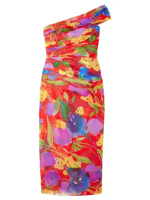 Carolina Herrera One-shoulder Floral-print Midi Dress - Red