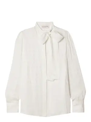 Valentino Garavani Pussy-bow Silk-jacquard Shirt - White