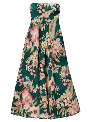 Zimmermann Lexi Strapless Floral-print Linen Midi Dress - Green