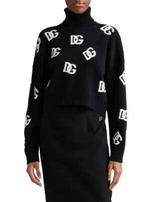 Dolce & Gabbana Logo Intarsia Crop Virgin Wool Turtleneck Sweater - Nero/bianco