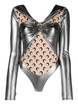 MARINE SERRE Marine Serre Regenerated Panelled Metallic Bodysuit Silver