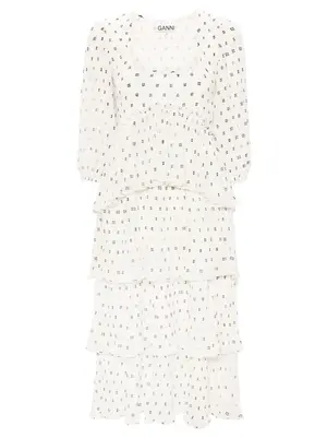 GANNI Monogram-print Pleated Midi Dress - Neutrals