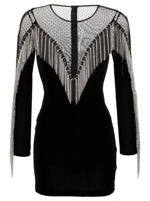 NISSA Fringe-detail Velvet Mini Dress - Black