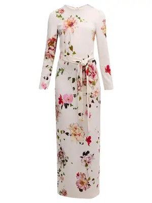 Monique Lhuillier Floral-print Belted Gown - Neutrals