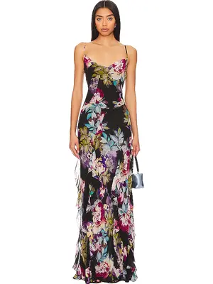 NICHOLAS Kamila Ruffle Cowl Gown Antique Floral Black