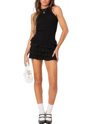 EDIKTED Margot Ruffle Hem Mini Dress - Black