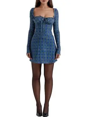 House Of Cb Malika Long Sleeve Mini Dress - Blue Tartan Print