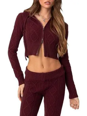 EDIKTED Ray Cable Knit Hooded Crop Cardigan - Burgundy