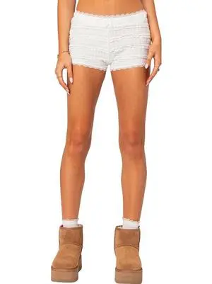 EDIKTED Lucy Ruffled Lace Shorts - White