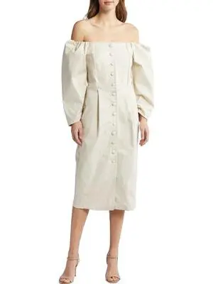 MELLODAY Off-the-shoulder Button-front Midi Dress - Bone