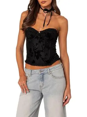 EDIKTED Marnie Floral Velvet Corset Top - Black
