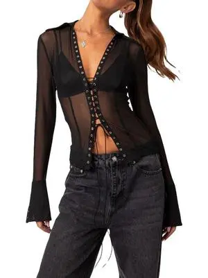 EDIKTED Lace-up Mesh Top - Black