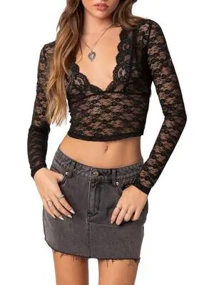 EDIKTED Beck Long Sleeve Lace Top - Black