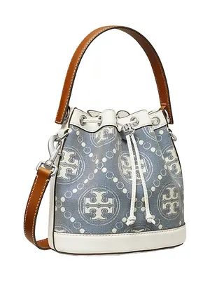 Tory Burch Tory Burch T Monogram Denim Bucket Bag Pearl Blue
