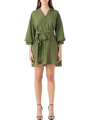 Endless Rose Tie Waist Mini Shirt Dress - Olive