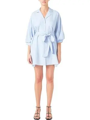 Endless Rose Tie Waist Mini Shirt Dress - Powder Blue