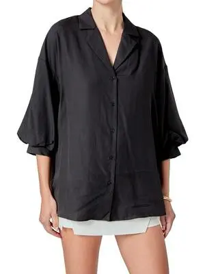 Endless Rose Blouson Sleeve Button-up Shirt - Black
