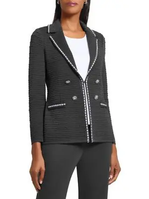 Ming Wang Textured Knit Blazer With Contrast Trim - Granite/black/ivory