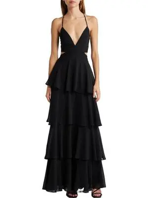 Lulus Tiered Waist Cutout Gown - Black