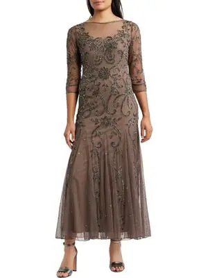 Pisarro Nights Beaded Illusion Neck Gown - Deep Mocha
