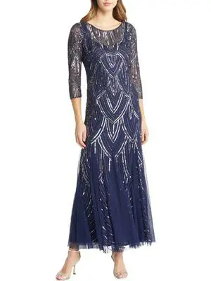 Pisarro Nights Beaded Illusion Neck Gown - Navy