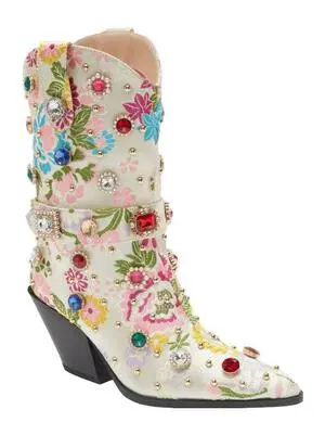 AZALEA WANG Embroidered Western Boots Bone