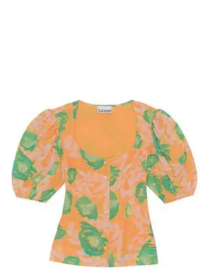 GANNI Printed Crepe Button-Down Blouse Vibrant Orange