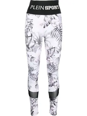 PLEIN SPORT Logo-waistband Floral-print Leggings - White