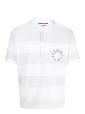 Thom Browne Flower-embroidered Striped Polo Shirt - Grey