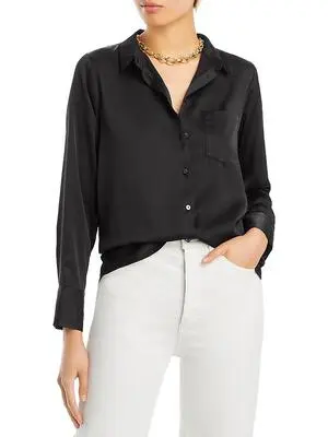 Aqua Satin Button-front Blouse - Black