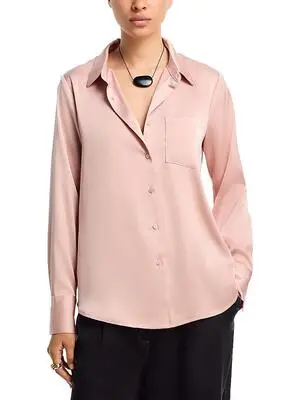 Aqua Satin Button-front Blouse - Cashew