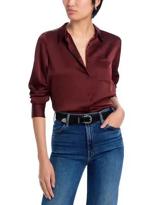 Aqua Satin Button-front Blouse - Chocolate