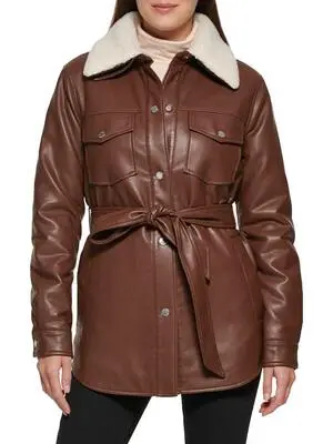 KENNETH COLE Faux Leather Belted Shacket With Faux Shearling Collar - Chocolate