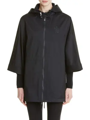 Moncler Logo Zip Hooded Nylon Cape - Black