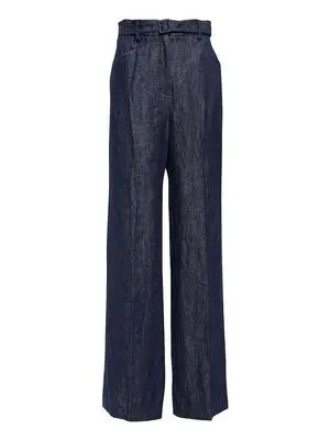 Gabriela Hearst Belted High-rise Wide-leg Linen Pants - Blue